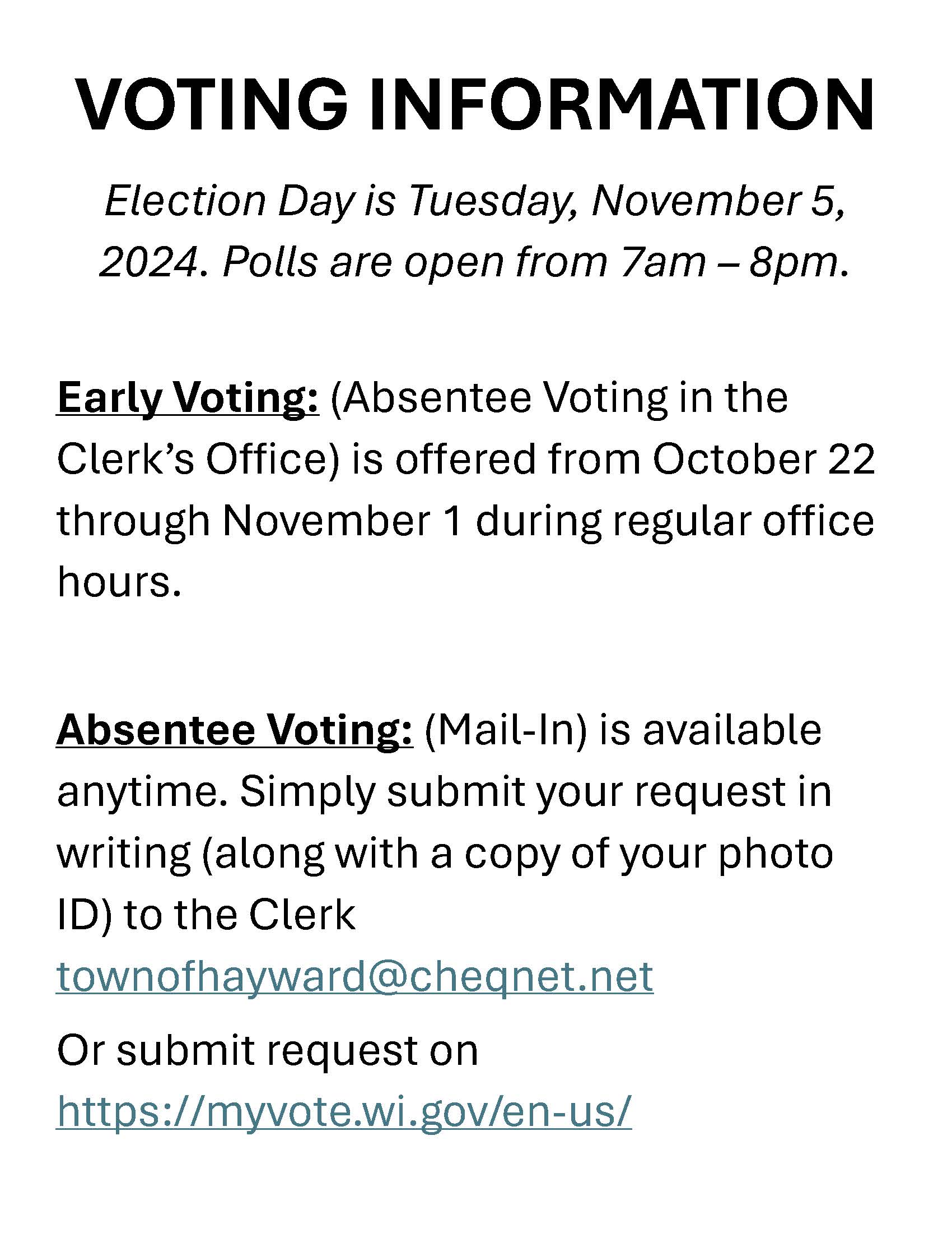 Election Information – Town of Hayward, Sawyer County, Wisconsin